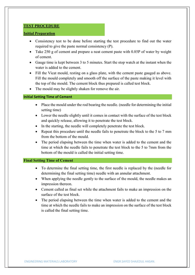Experiment no 03 setting time of cement. | PDF