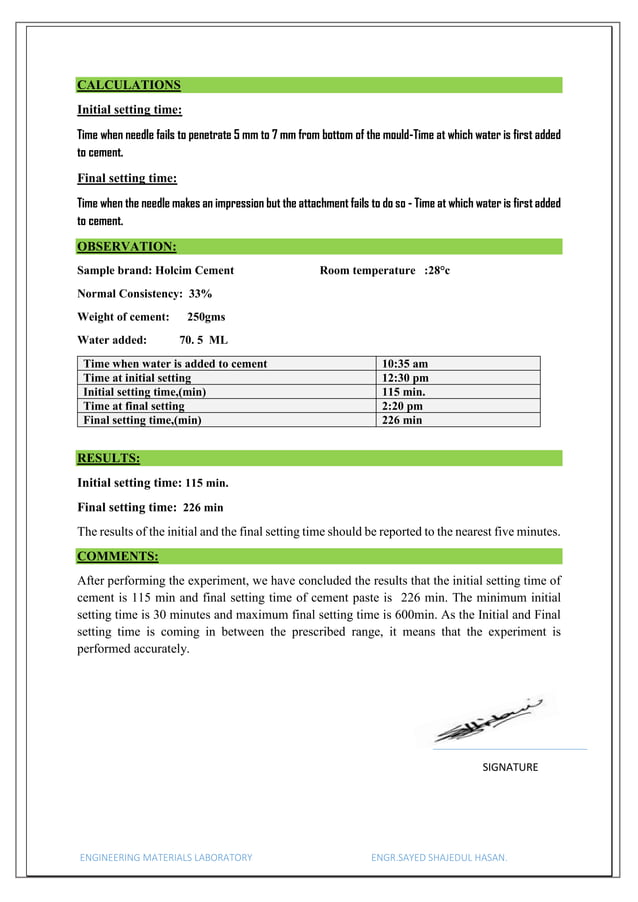 Experiment no 03 setting time of cement. | PDF