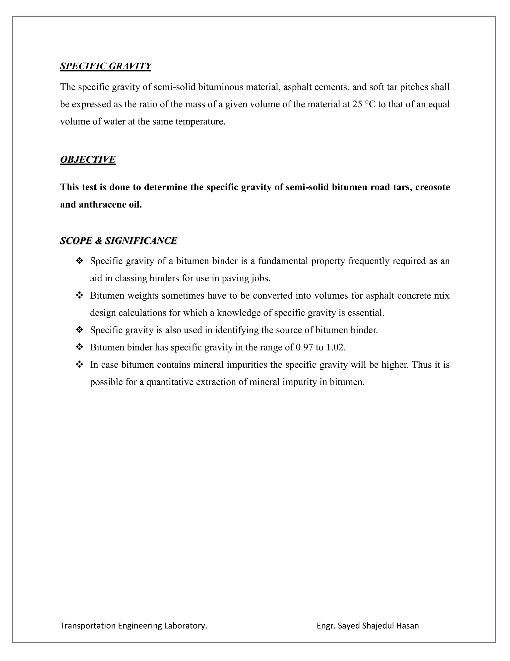 SPECIFIC GRAVITY TEST ON BITUMINOUS MATERIALS. | PDF