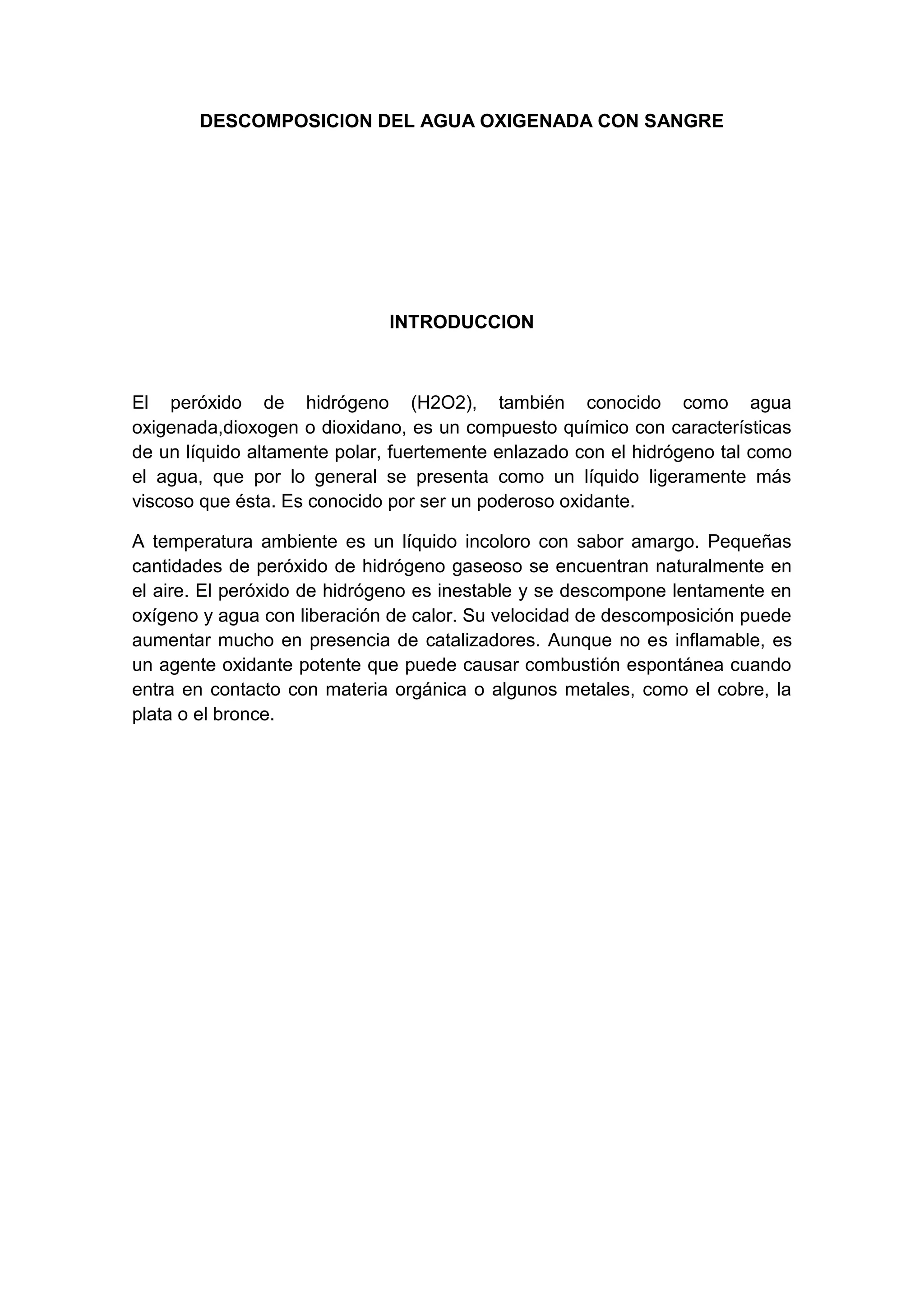 DESCOMPOSICION DEL AGUA OXIGENADA | DOCX