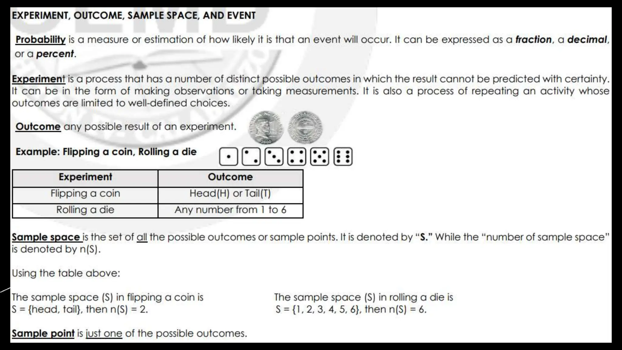 experiment, outcome, sample space Probability.pptx