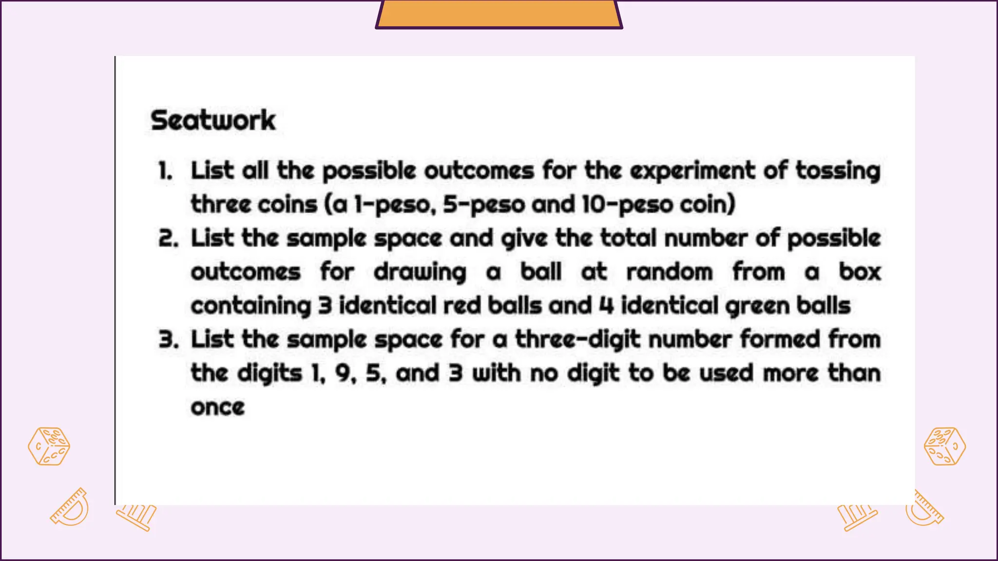Experiment, event, sample, outcome, sample space | PPTX