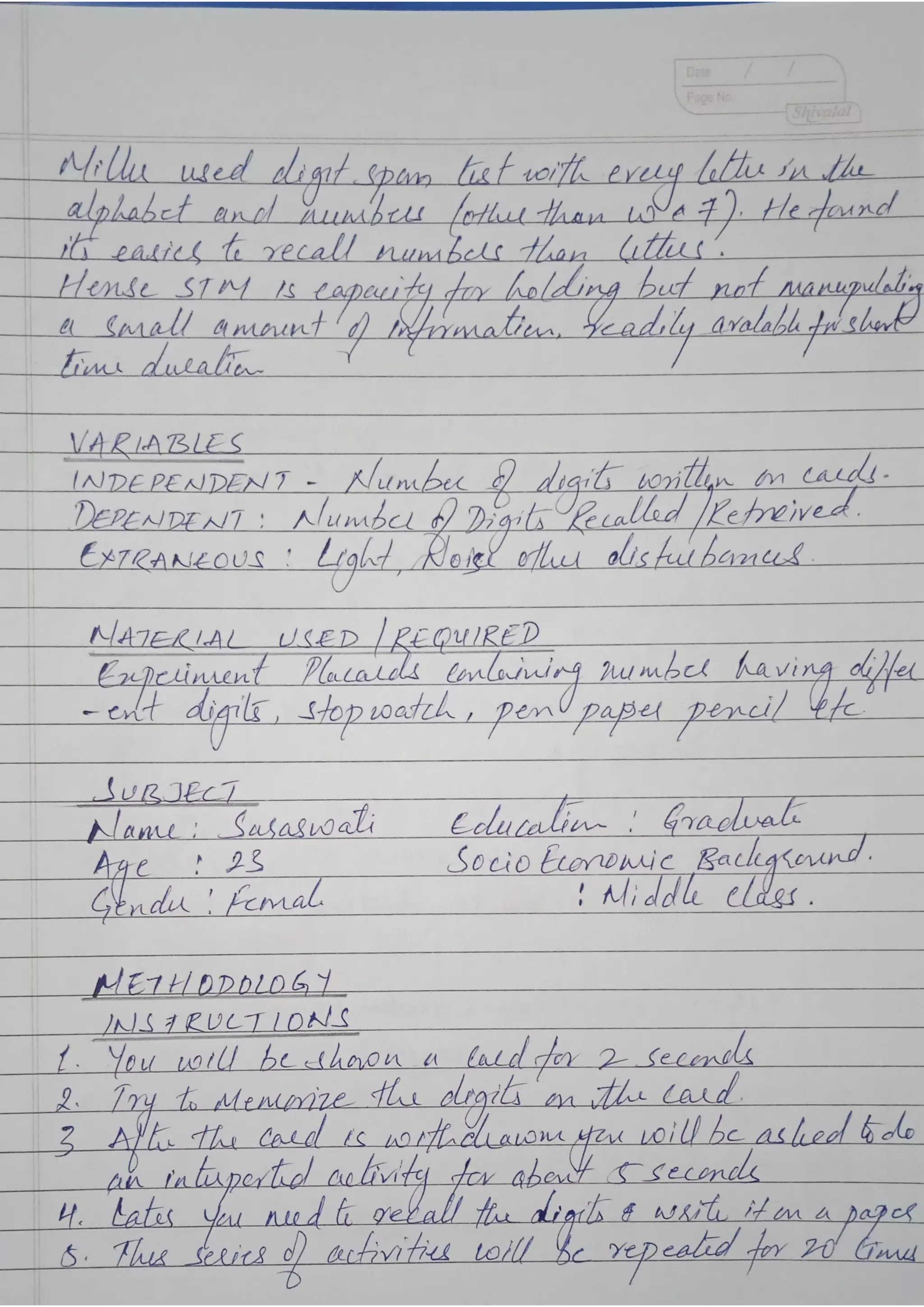 Experiment Short Term Memory - Millers Magical No 7 | PDF