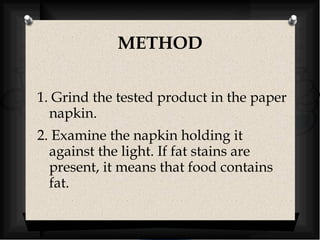 Experiments on starch protein and fat | PPT