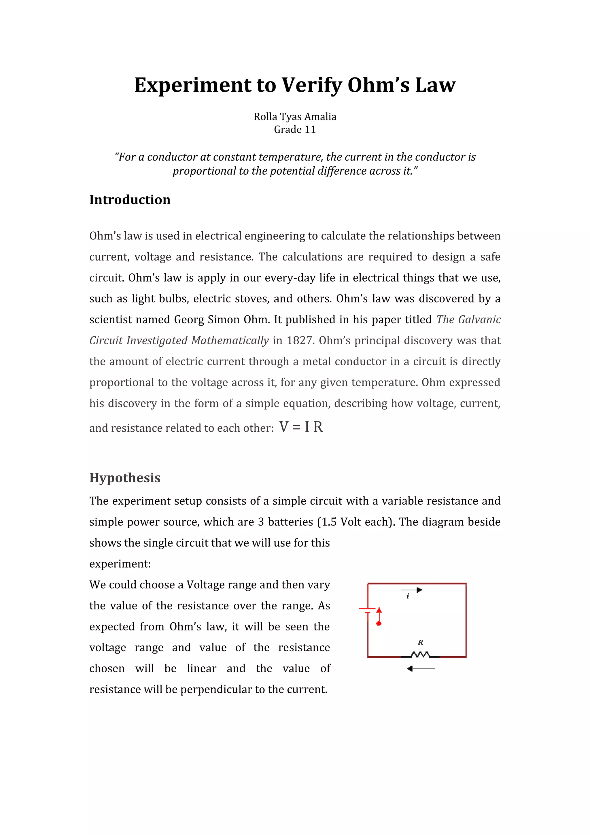 Experiment to verify ohm’s law | DOCX