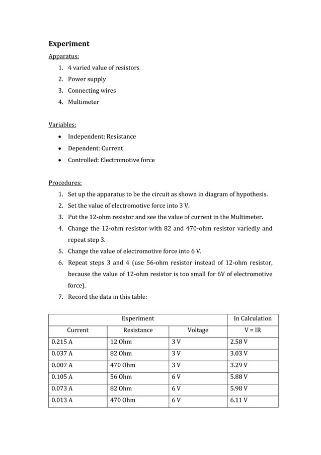 Experiment to verify ohm’s law | DOCX