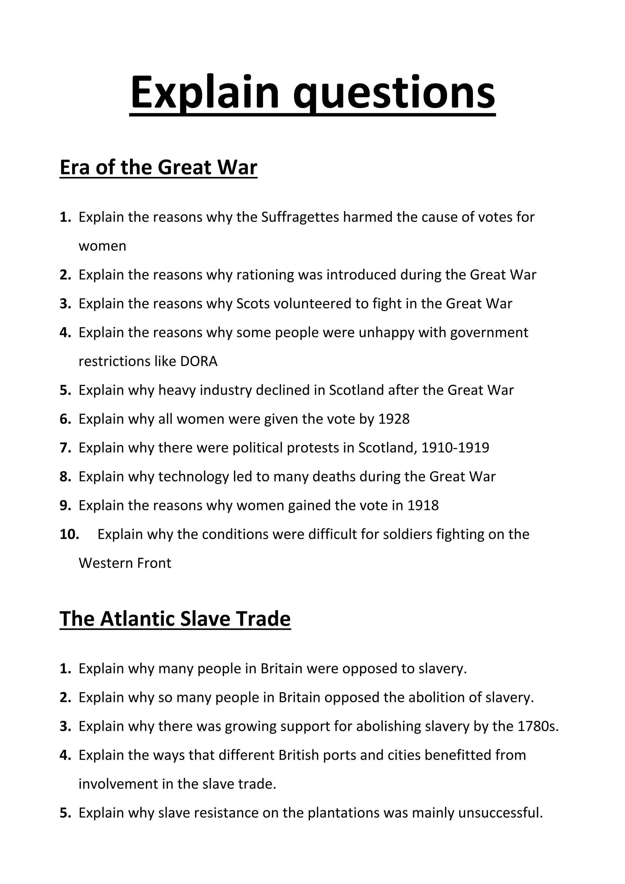 Example National 5 History questions - Explain | PDF