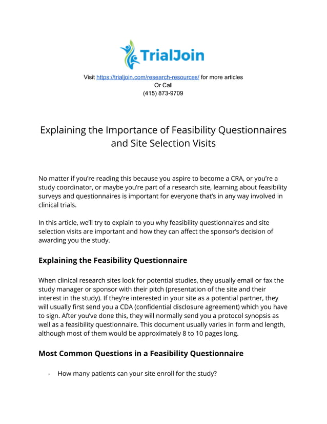 Explaining the Importance of Feasibility Questionnaires and Site ...