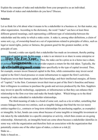 Explain the concepts of stake and stakeholder from your perspective .pdf