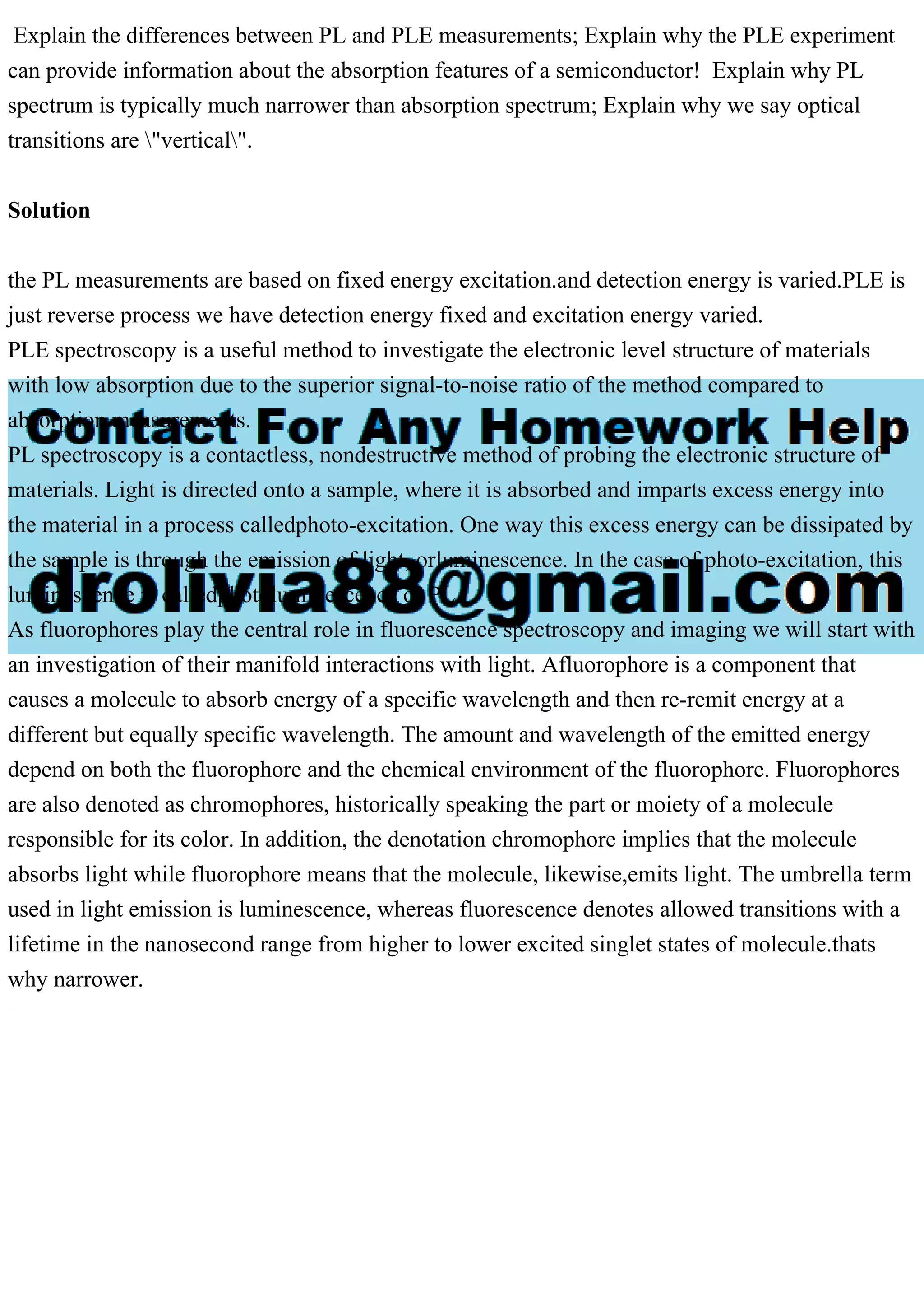 Explain the differences between PL and PLE measurements; Explain why .pdf