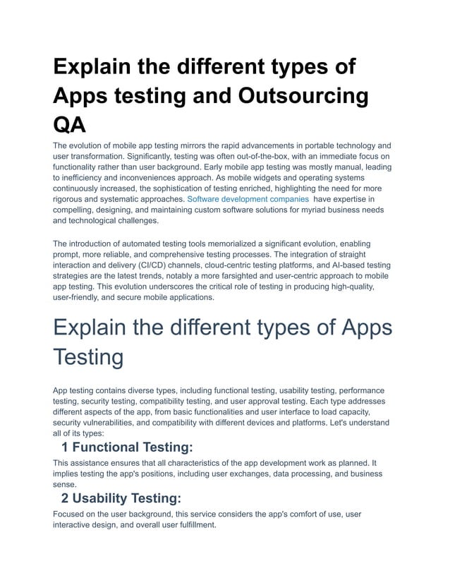 Explain the different types of Apps testing and Outsourcing QA.pdf