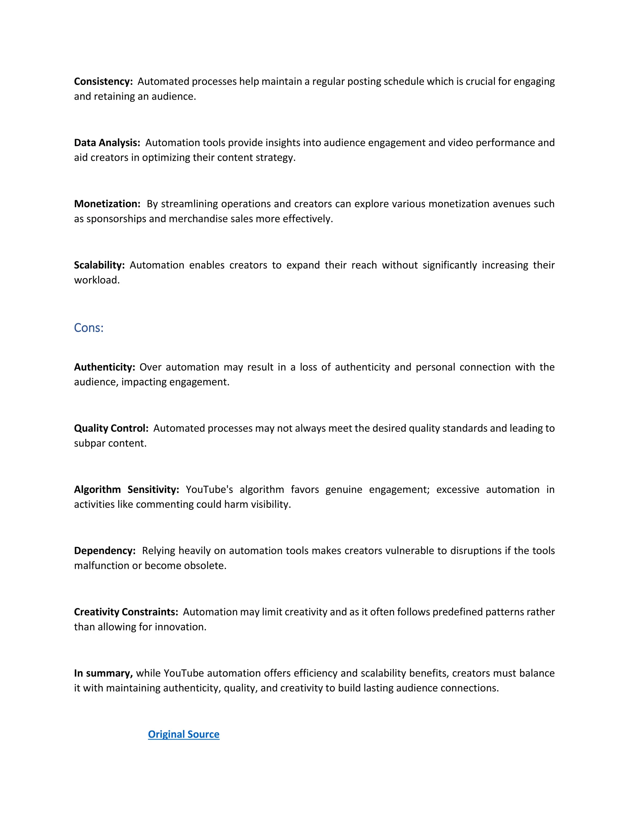 Explain the pro and cons of YouTube automation.pdf | Technology & Computing