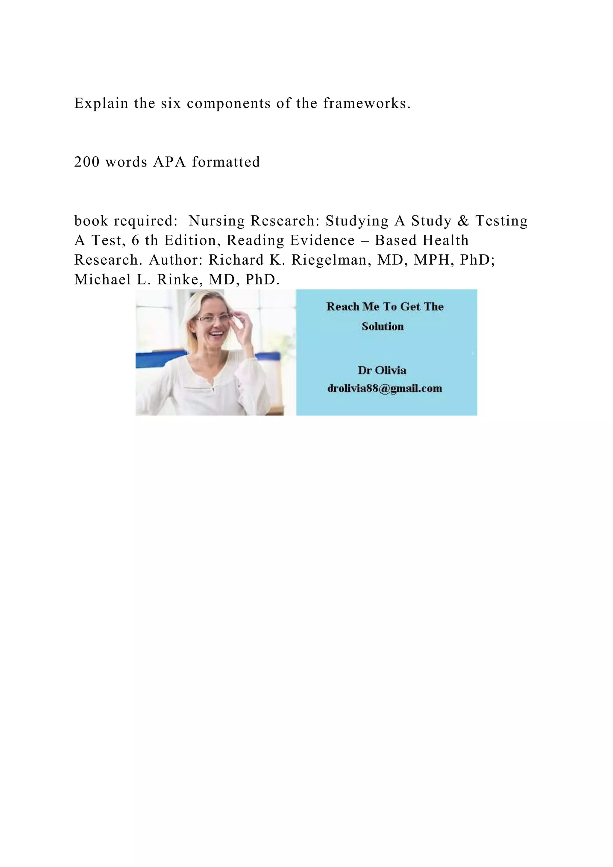 Explain the six components of the frameworks.200 words APA for | PDF