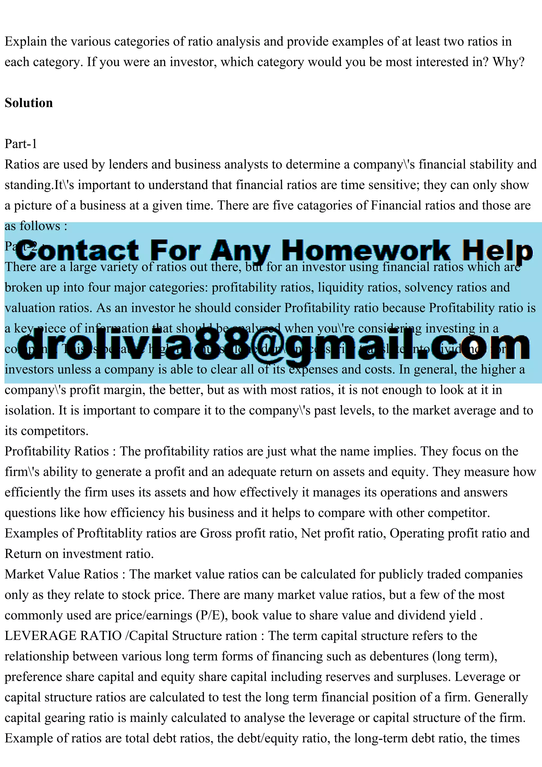 Explain the various categories of ratio analysis and provide example.pdf