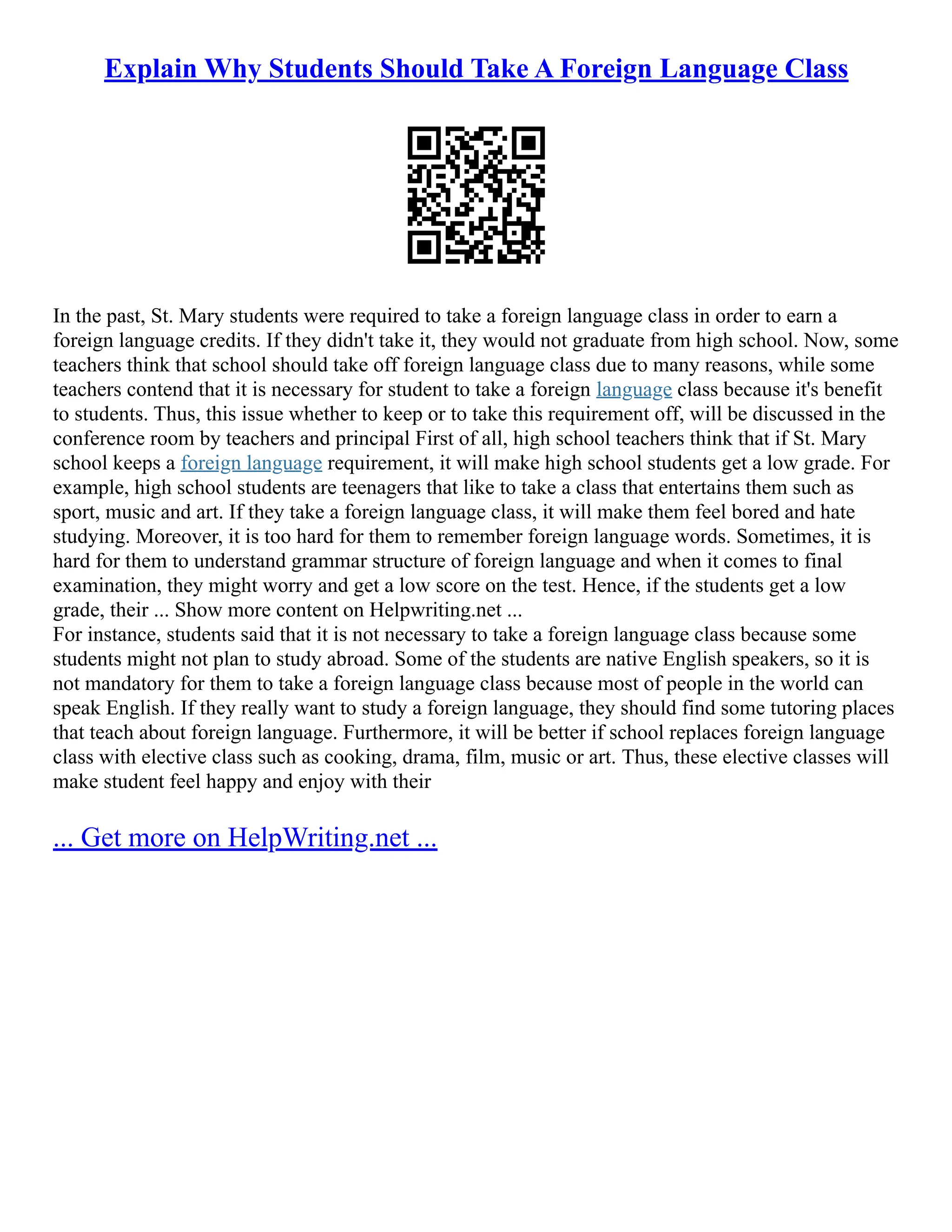 Explain Why Students Should Take A Foreign Language Class | PDF