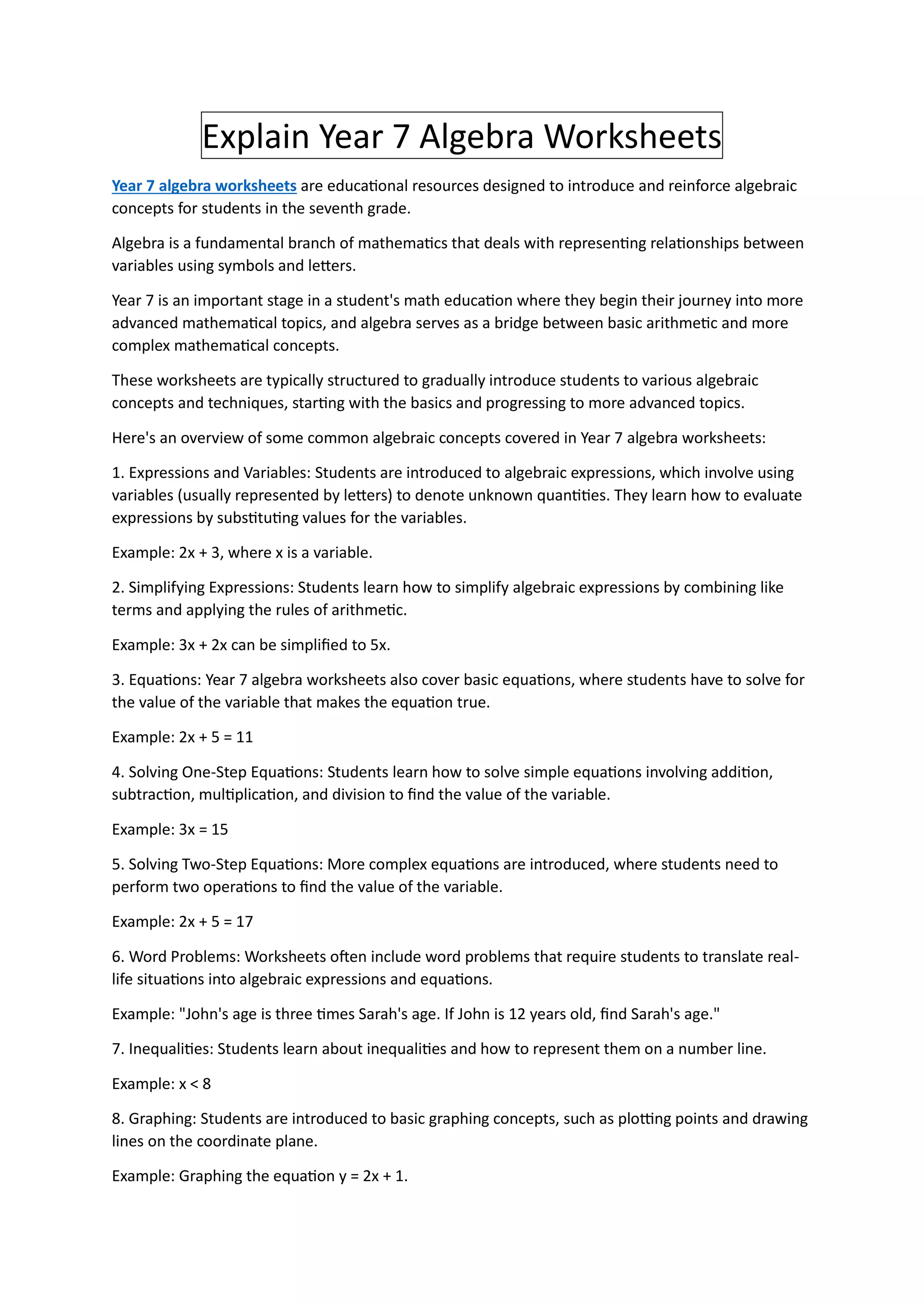 Explain Year 7 Algebra Worksheets | PDF | Homework and Study | Education
