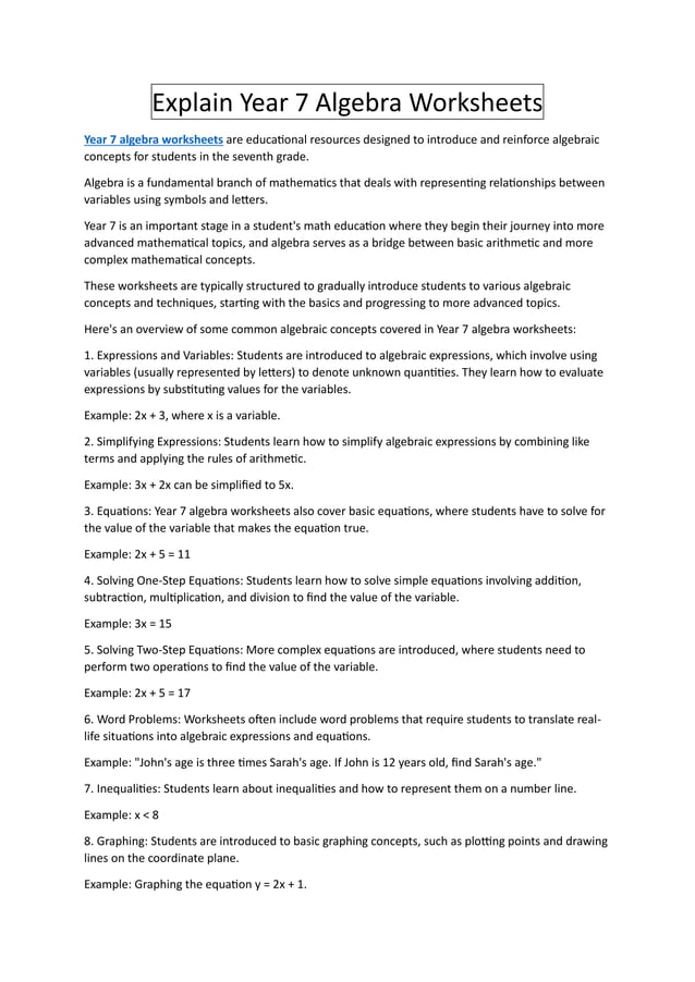 Explain Year 7 Algebra Worksheets | PDF | Homework and Study | Education