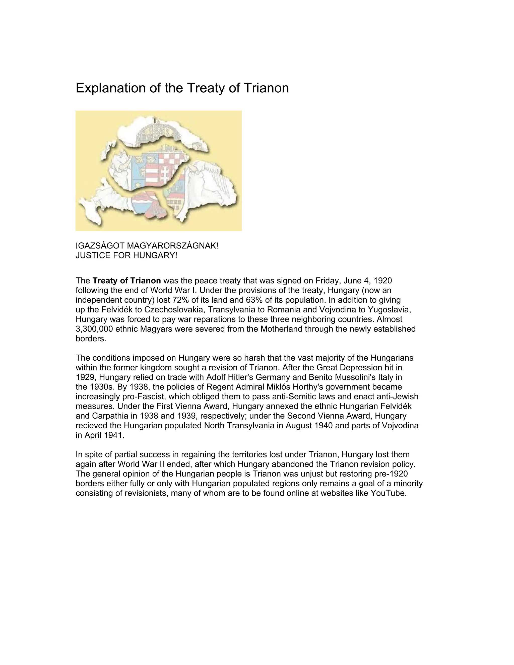 Explanation of the Treaty of Trianon | PDF