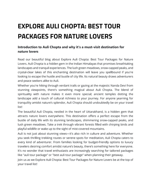 Explore Auli Chopta-Best Tour Packages for Nature Lovers | PDF