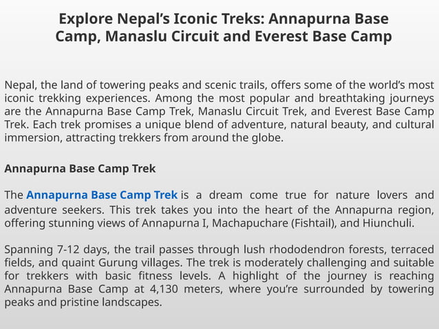 Explore Nepal’s Iconic Treks Annapurna Base Camp, Manaslu Circuit and ...