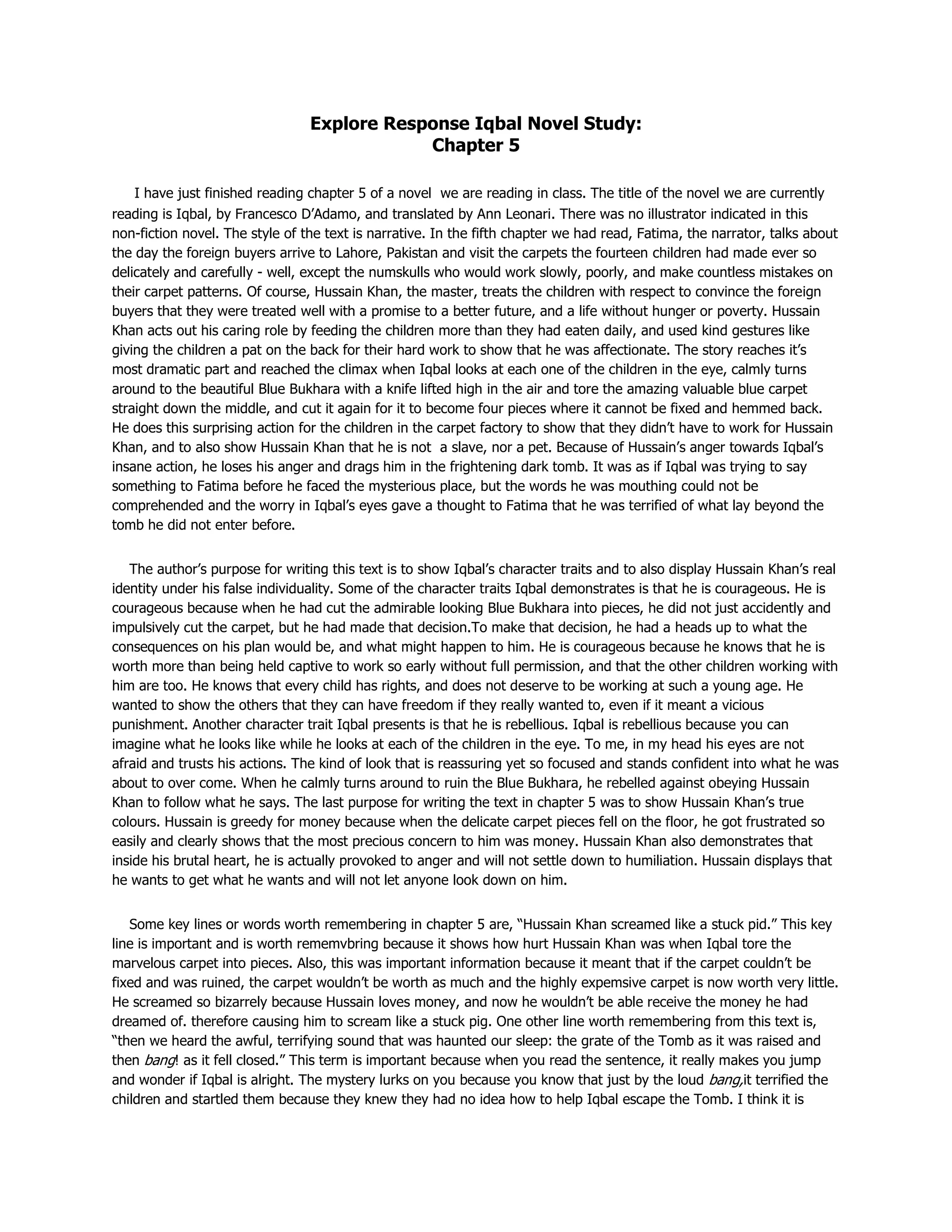 Kim's Explore response iqbal novel study | PDF