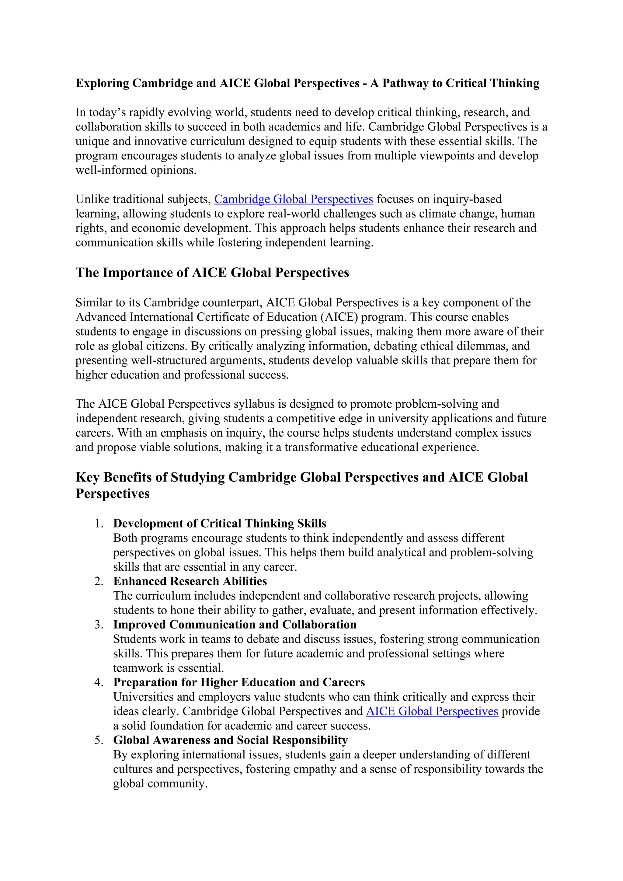 Exploring Cambridge and AICE Global Perspectives - A Pathway to ...