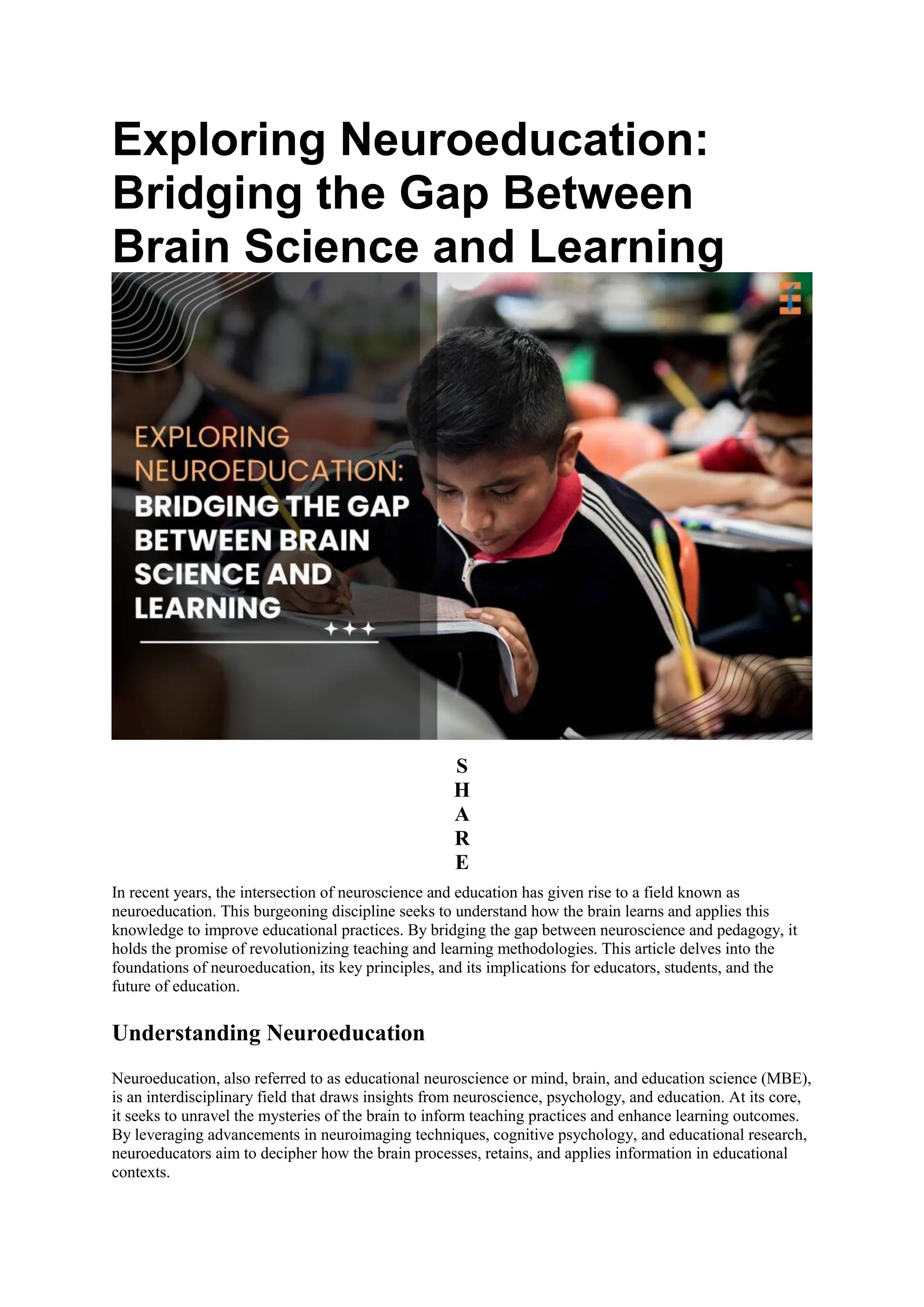 Exploring Neuroeducation: Bridging the Gap Between Brain Science and Learning | PDF