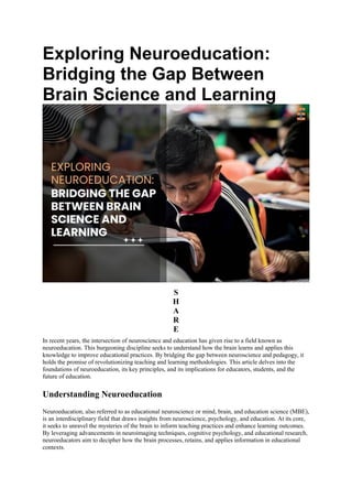 Exploring Neuroeducation: Bridging the Gap Between Brain Science and Learning | PDF