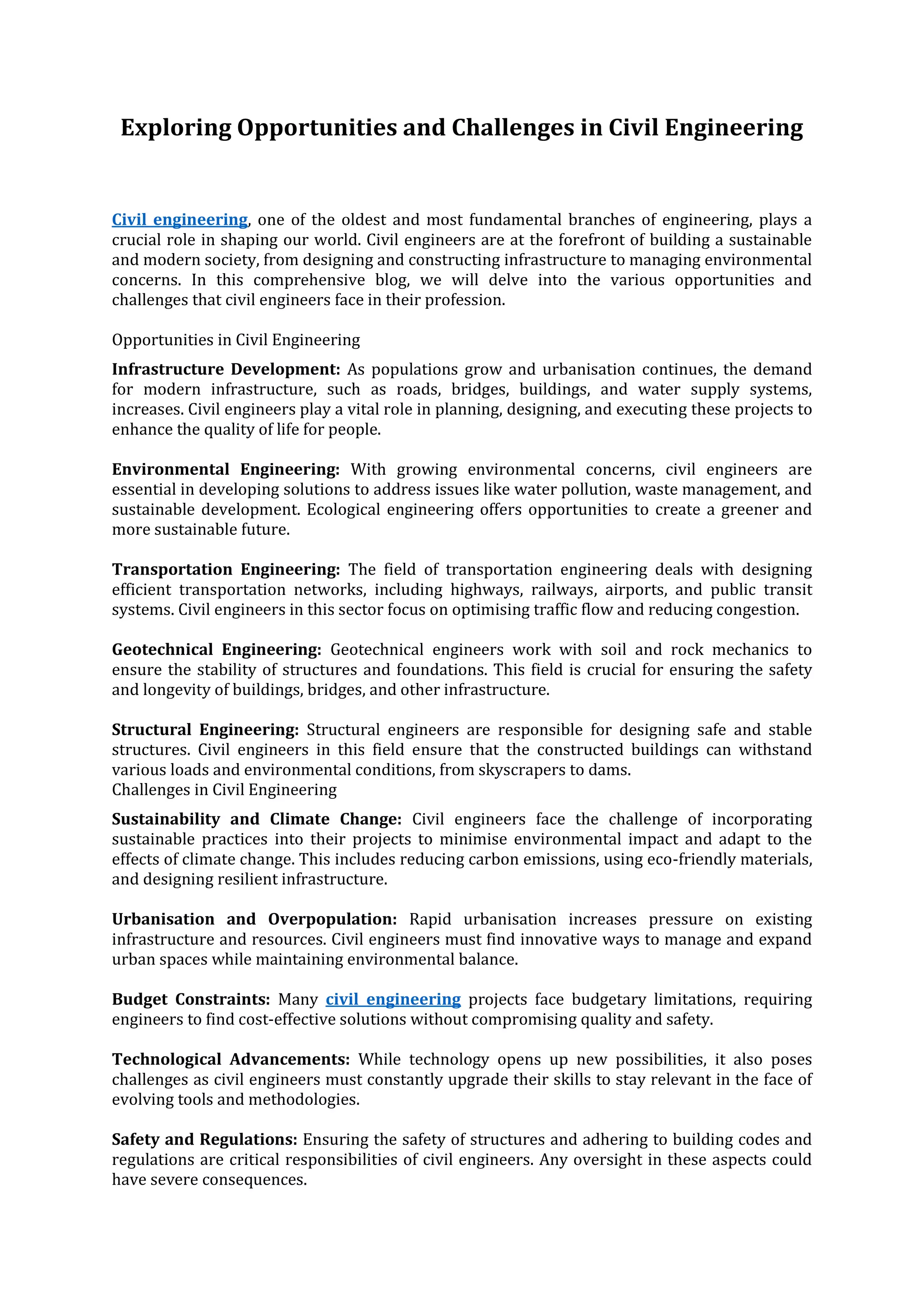 Exploring Opportunities and Challenges in Civil Engineering | PDF