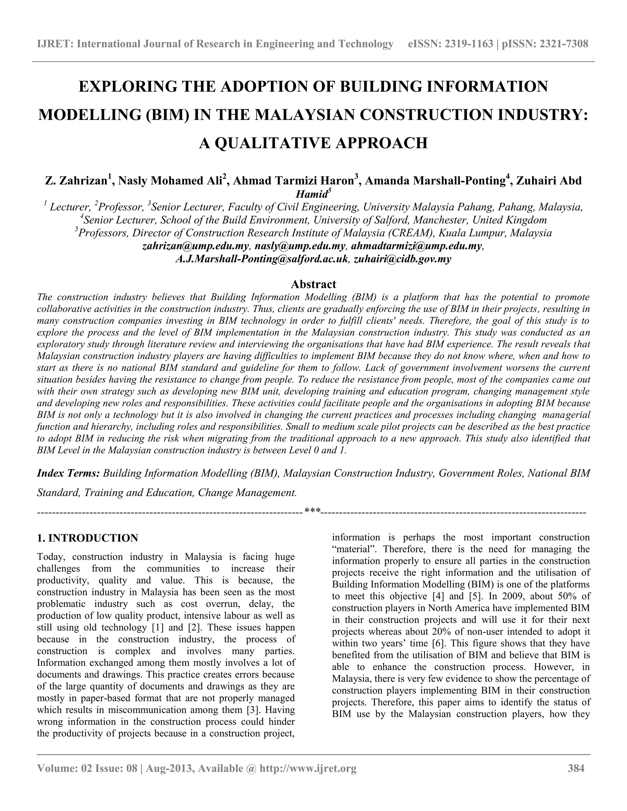 Exploring the adoption of building information modelling (bim) in the ...