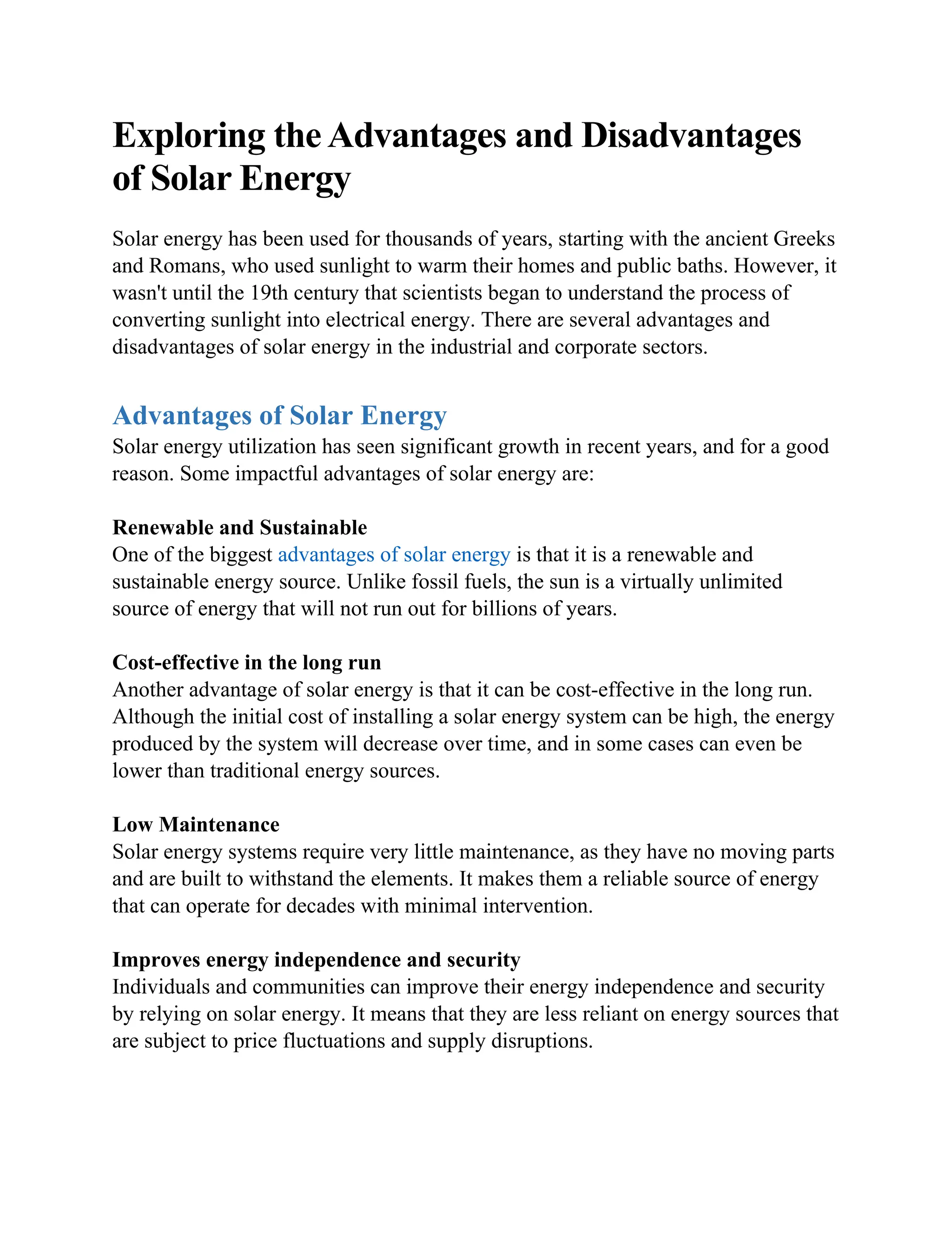 Exploring the Advantages and Disadvantages of Solar Energy | DOCX
