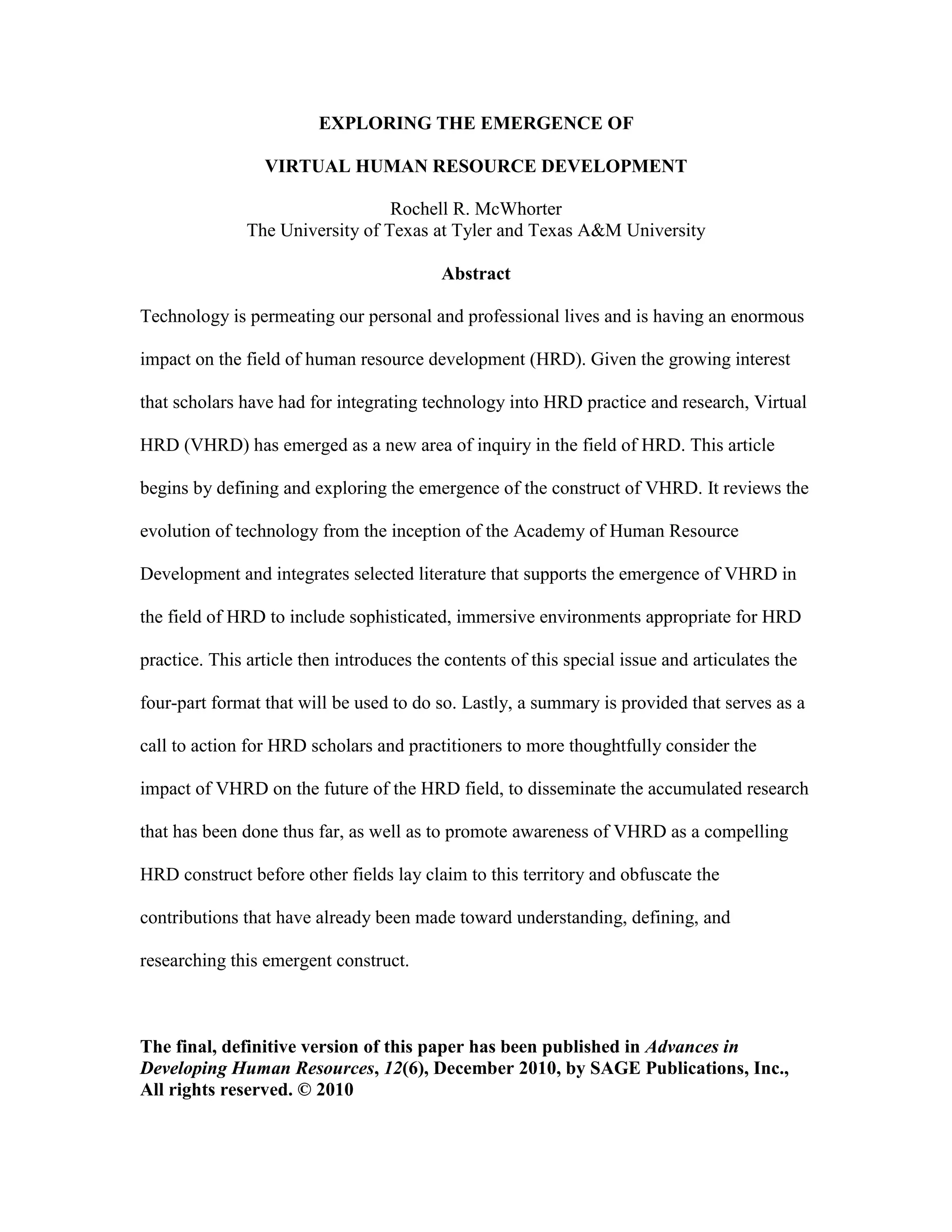 Exploring the emergence of virtual human resource development | PDF