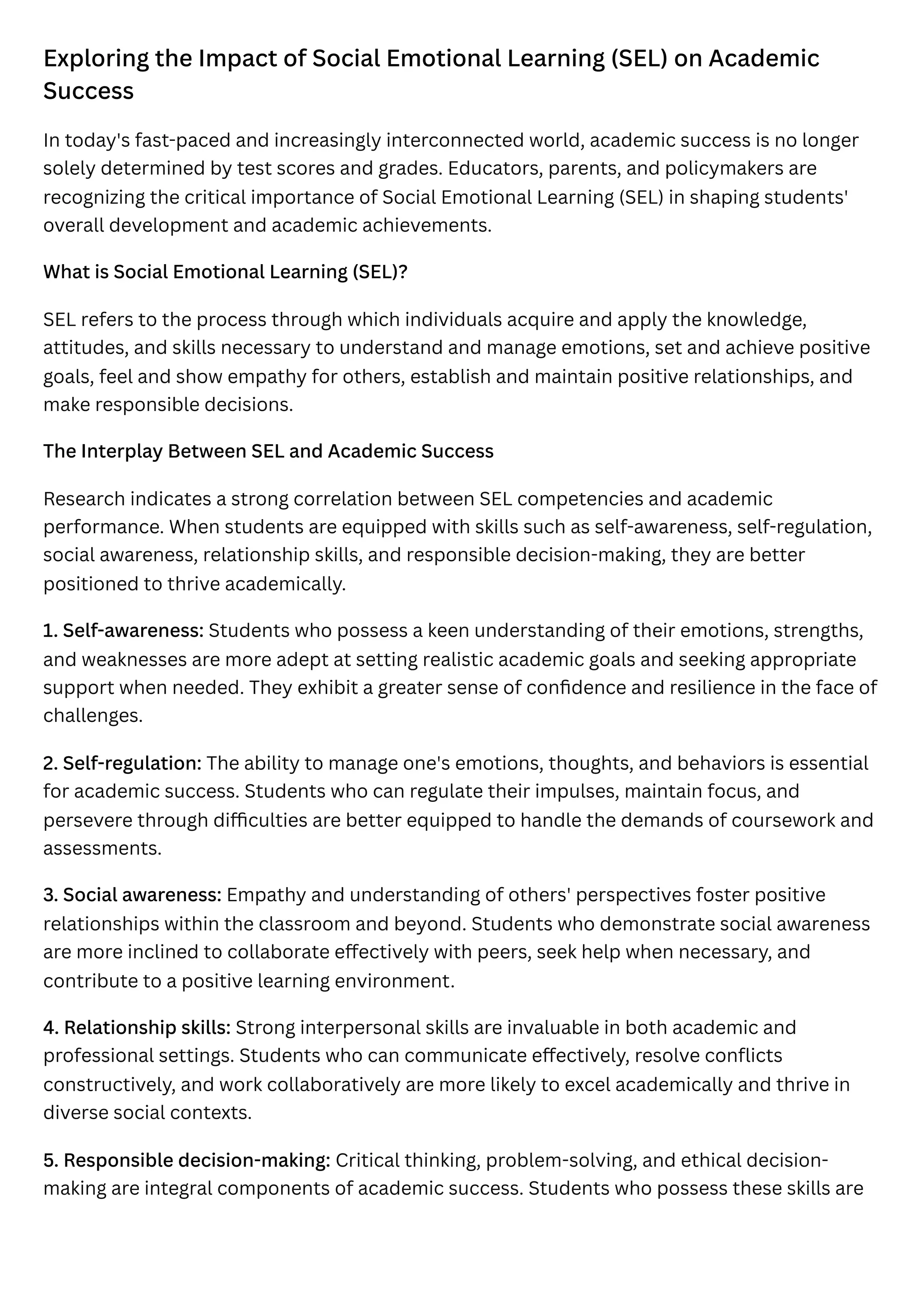 Exploring the Impact of Social Emotional Learning (SEL) on Academic ...