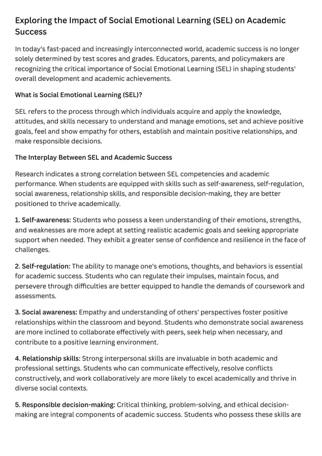 Exploring the Impact of Social Emotional Learning (SEL) on Academic ...