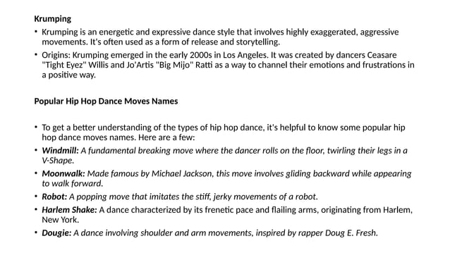 Exploring the Types of Hip Hop Dance Styles | PPTX | Hip Hop Music | Music