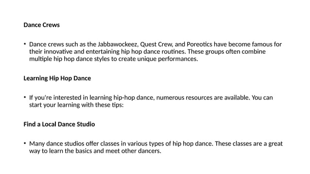 Exploring the Types of Hip Hop Dance Styles | PPTX | Hip Hop Music | Music