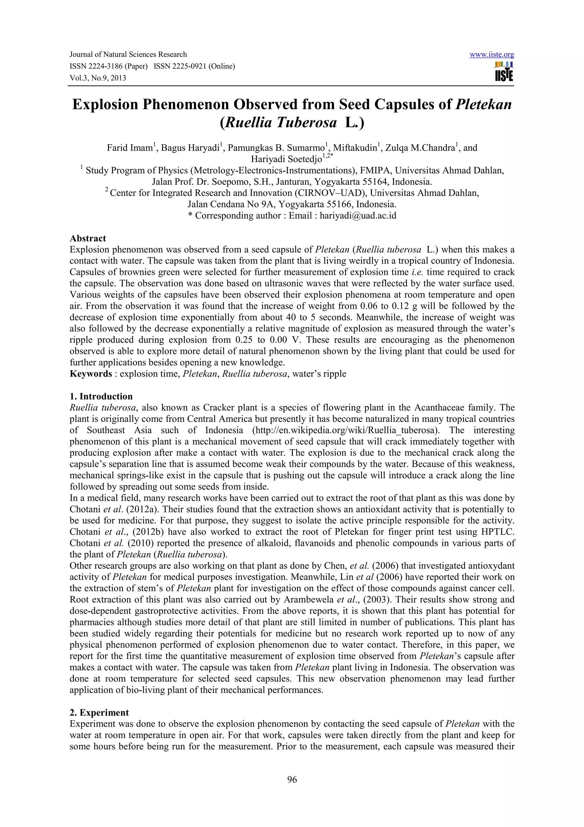 Explosion phenomenon observed from seed capsules of pletekan (ruellia tuberosa l.) | PDF