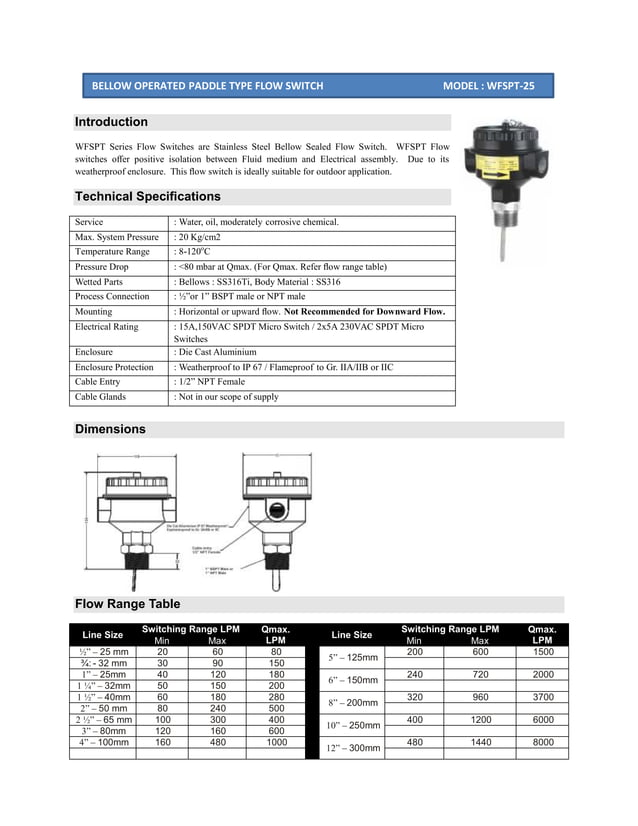 Explosionproof Bellow operated Paddle type Flow Switch EPFSPT | PDF