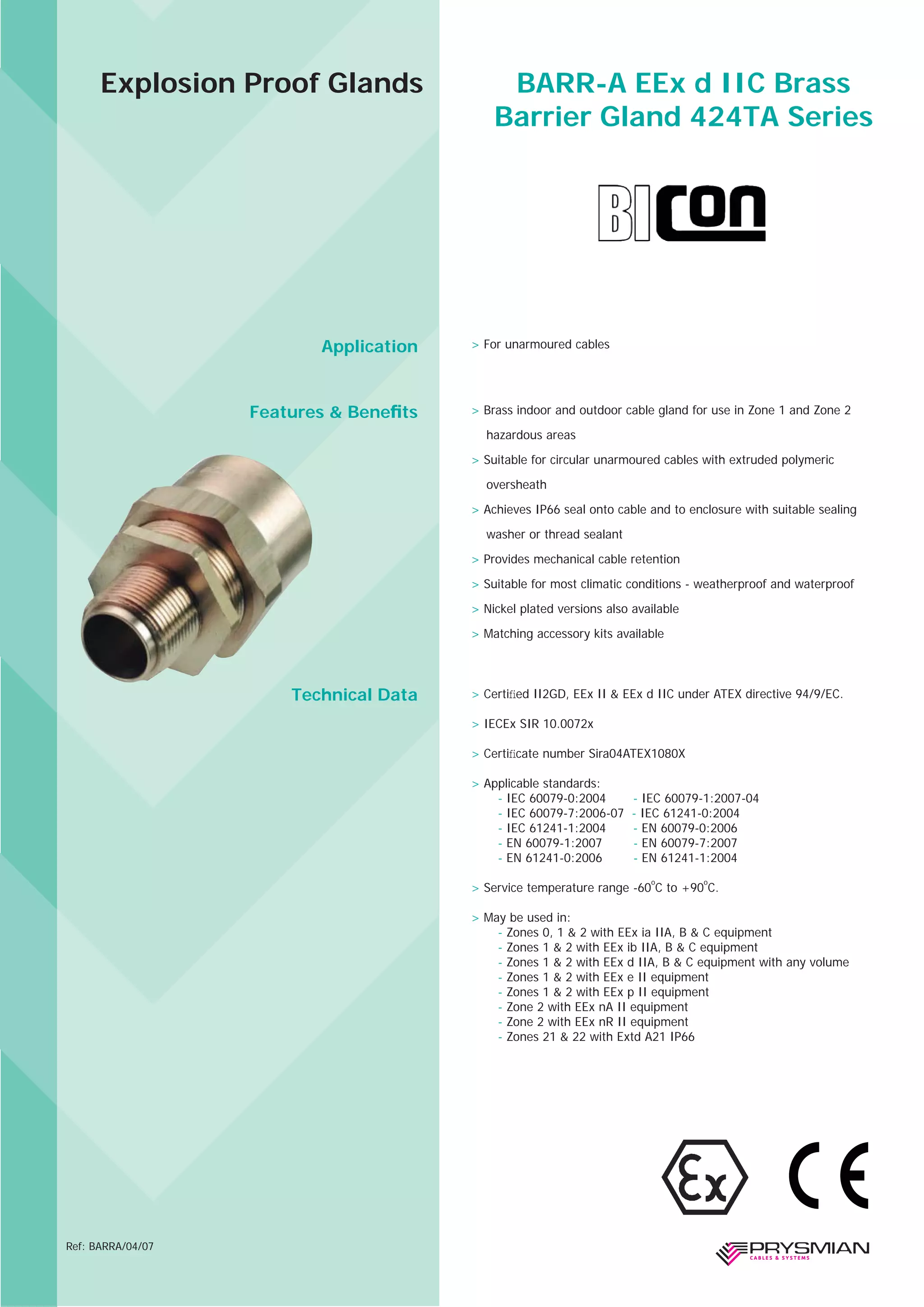 Explosion Proof Cable Glands - Prysmian Barrier Glands (424TA) for ...