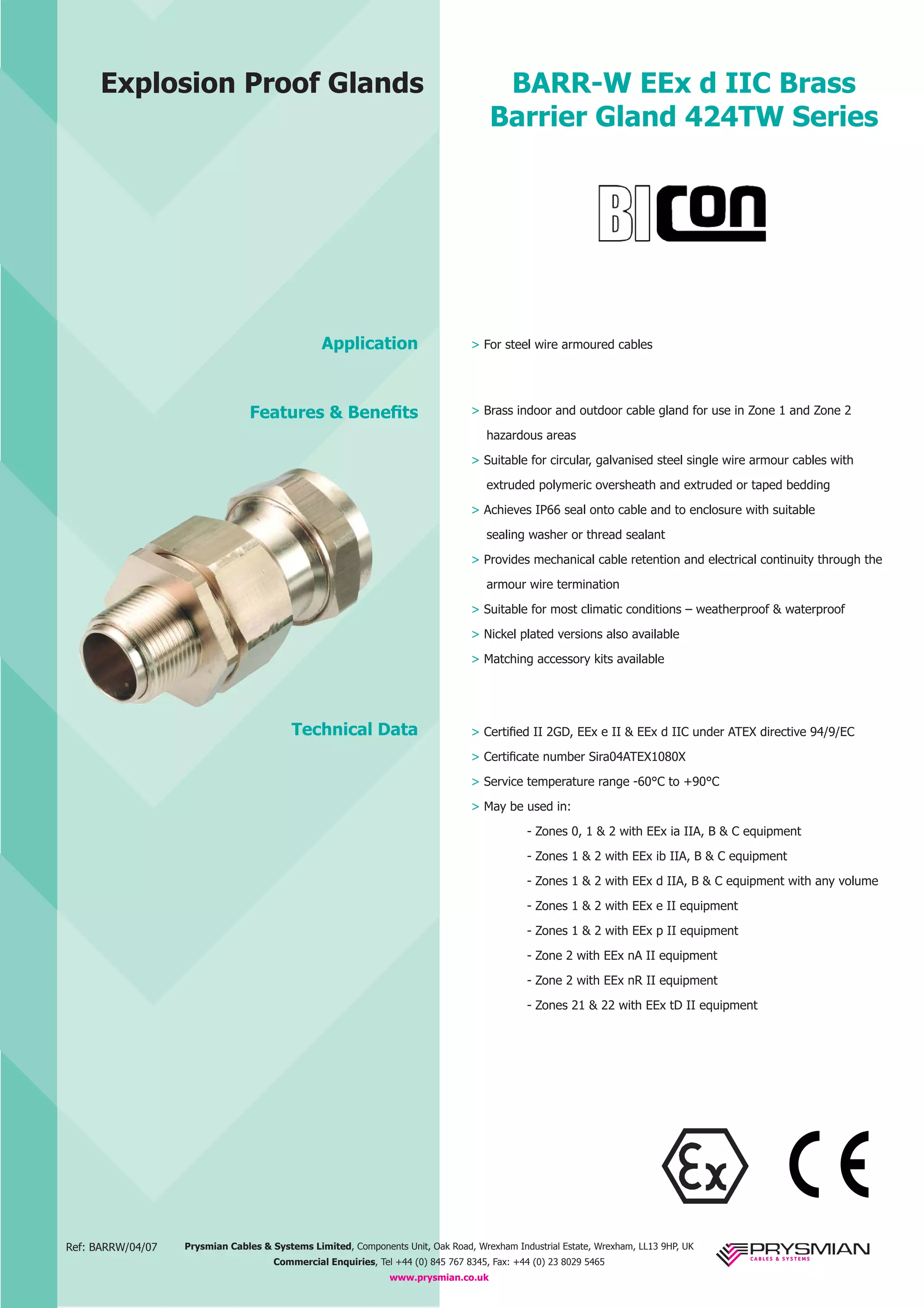 Explosion Proof Cable Glands - Prysmian Barrier Glands (424TW) for SWA ...