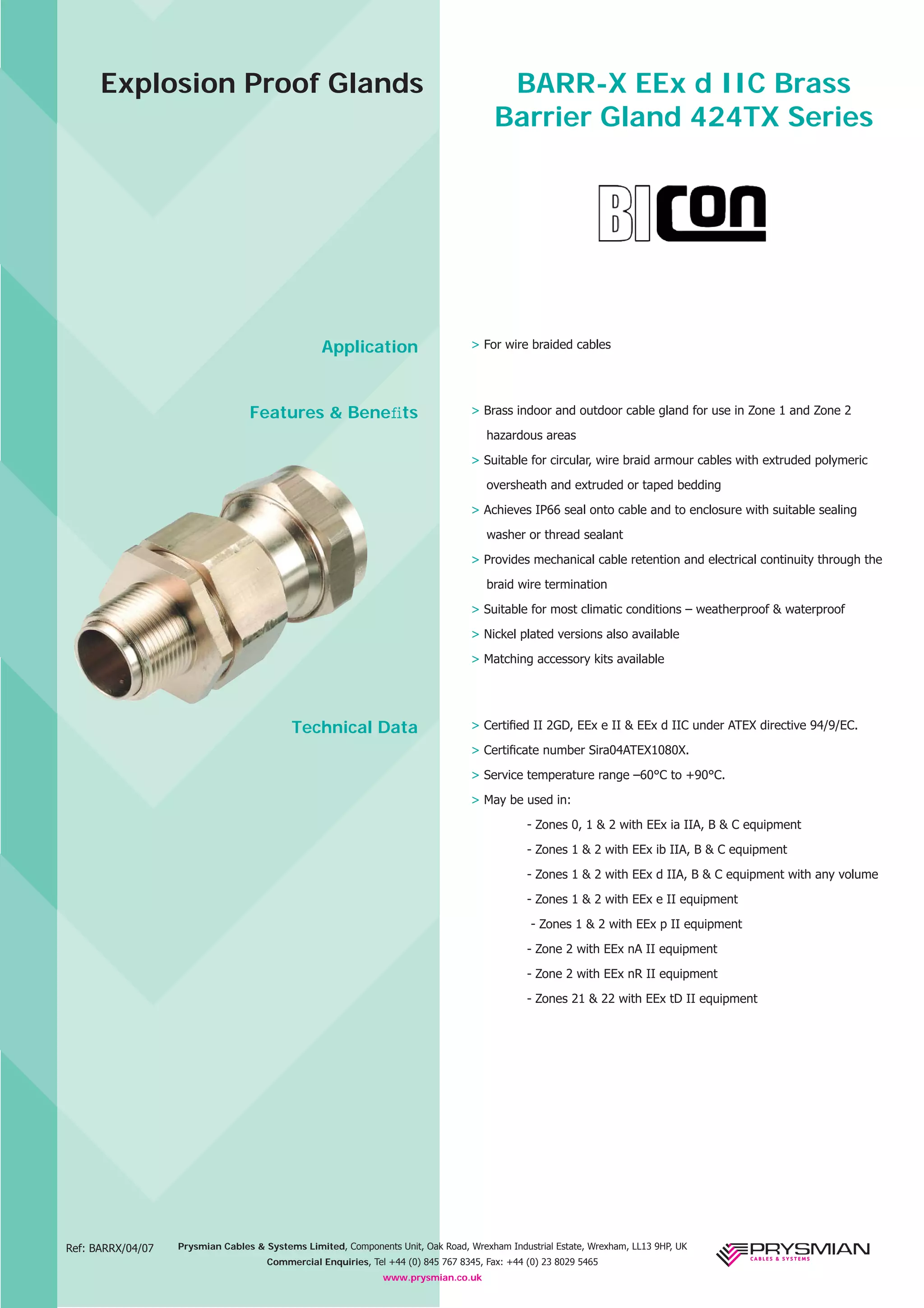 Explosion Proof Cable Glands - Prysmian Barrier Glands (424TX) for SWB Steel Wire Braided Cable ...