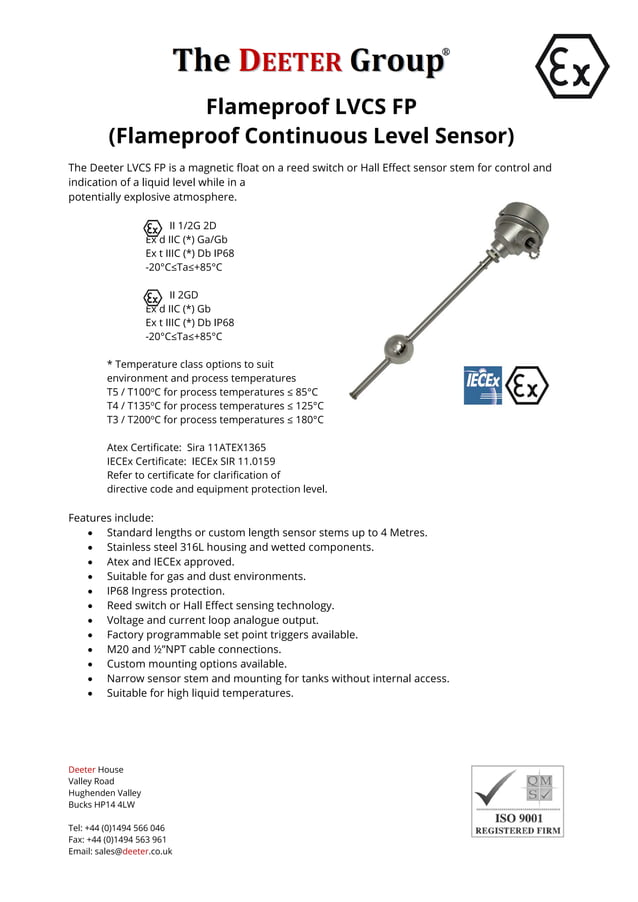 Explosion Proof Continuous Vertical Liquid Level Sensor (LVCS-FP) | PDF
