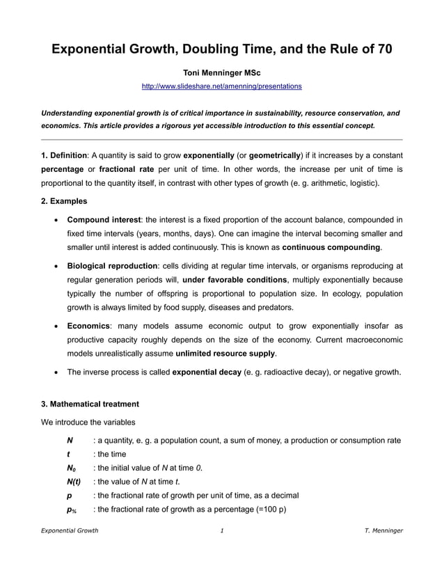 Exponential Growth, Doubling Time, and the Rule of 70 | PDF