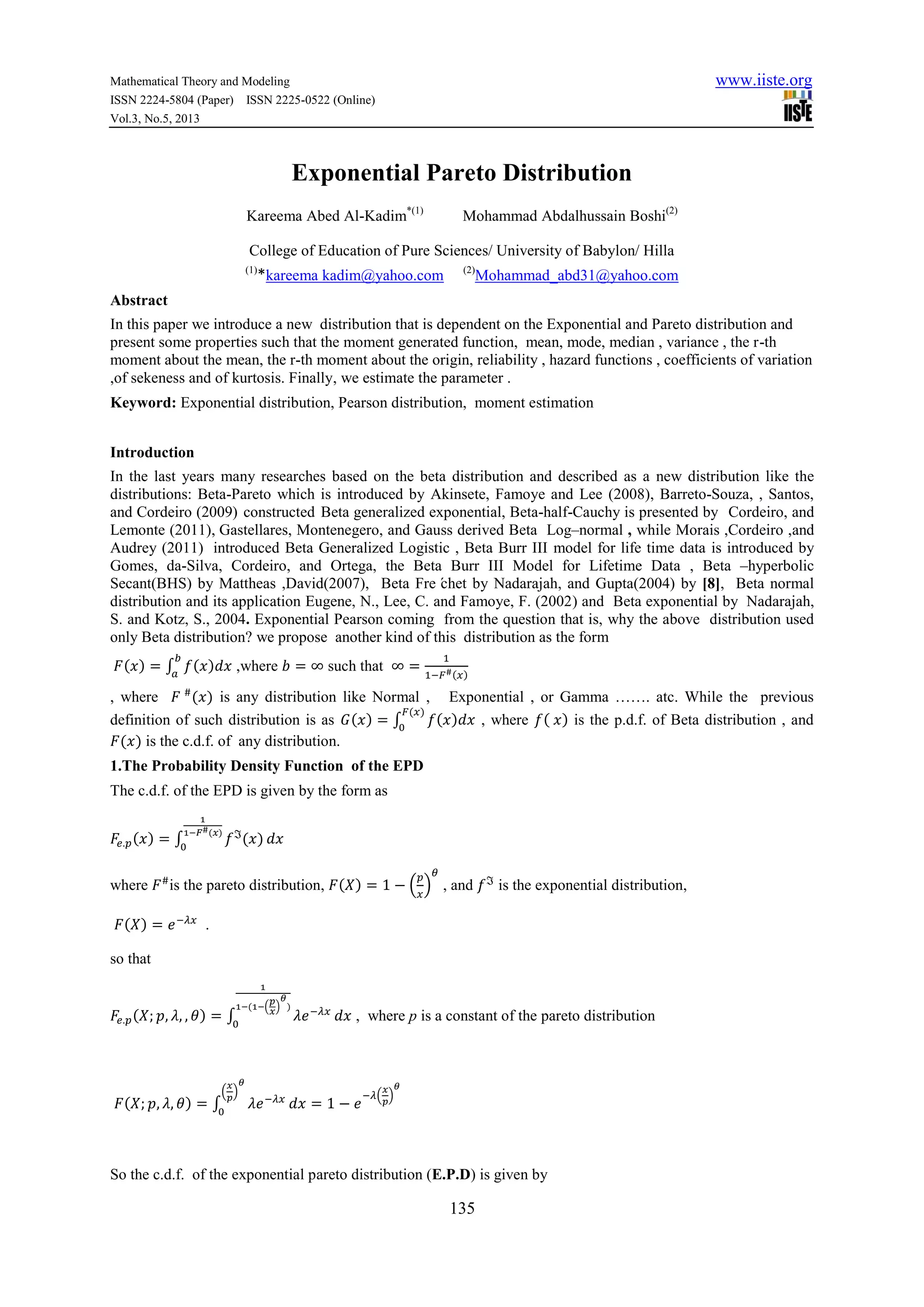 Exponential Pareto Distribution Pdf