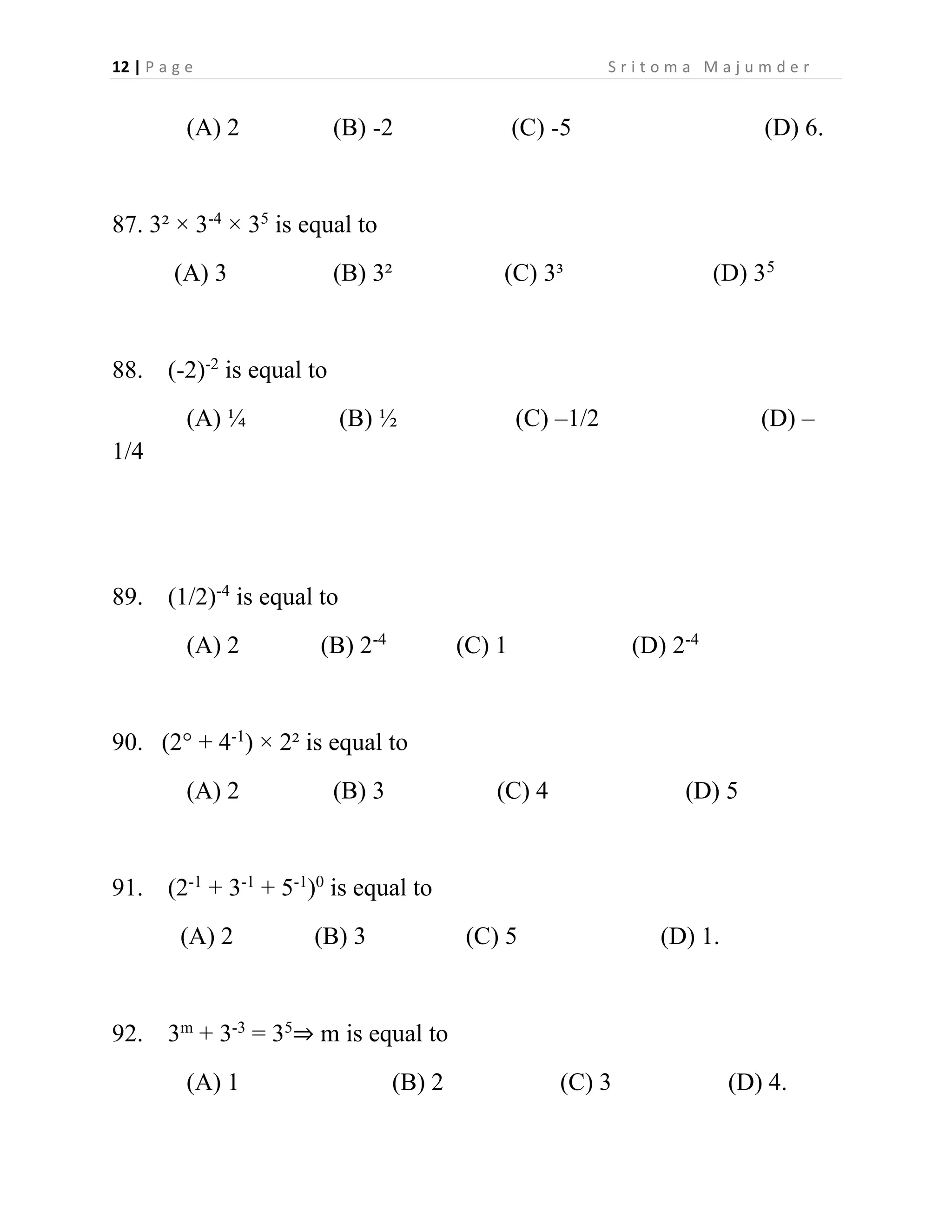 CBSE - Grade 8 - Mathematics - Exponents and Powers - Multiple Choice ...