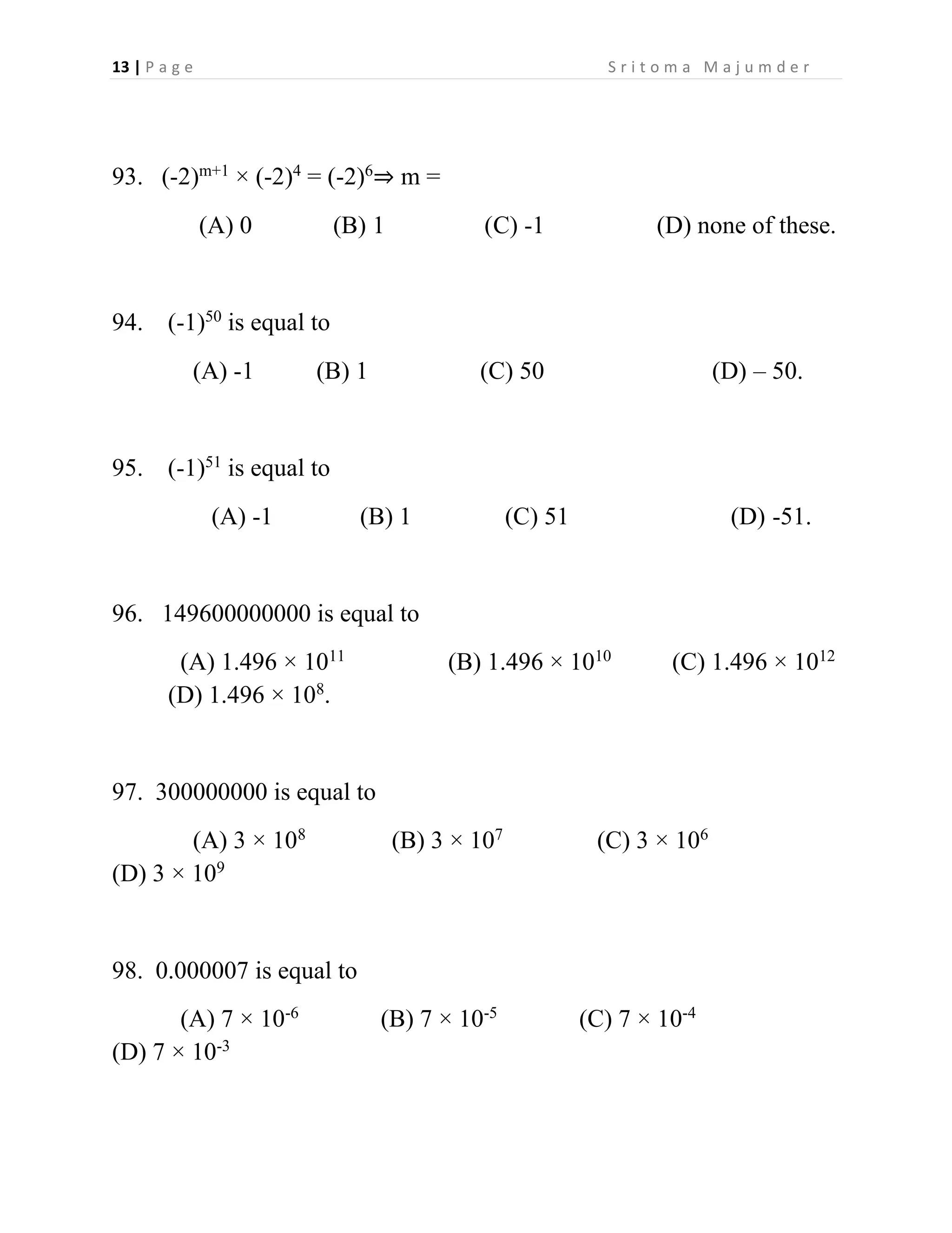 CBSE - Grade 8 - Mathematics - Exponents and Powers - Multiple Choice ...