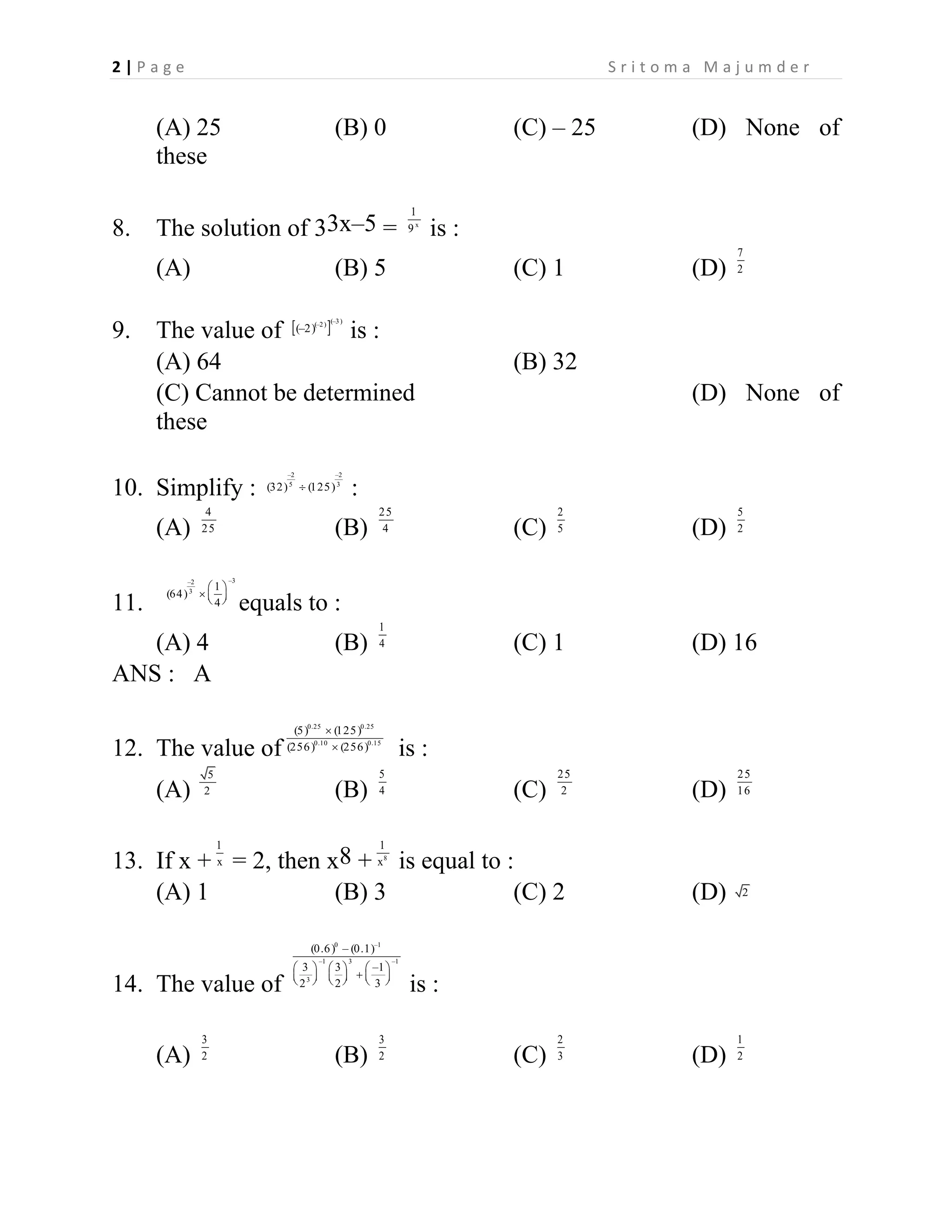 CBSE - Grade 8 - Mathematics - Exponents and Powers - Multiple Choice ...