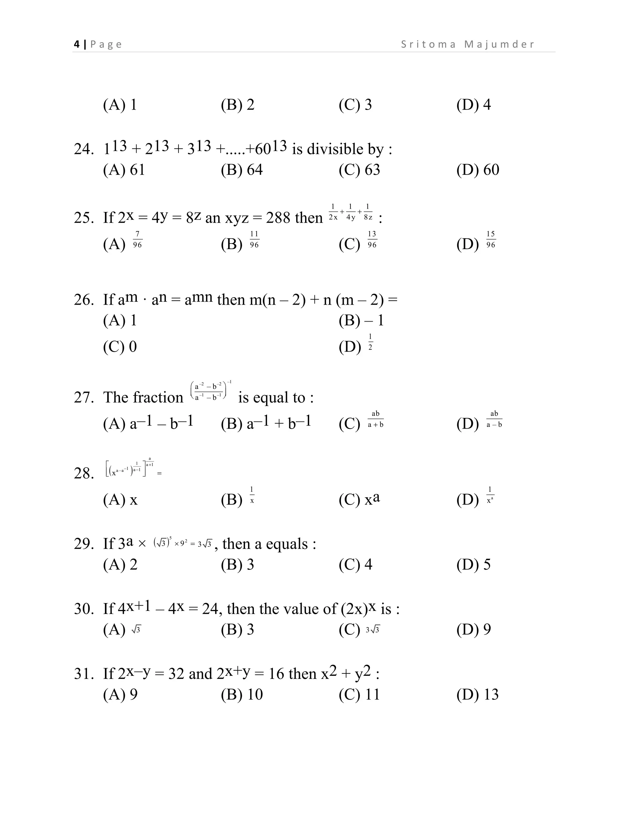 CBSE - Grade 8 - Mathematics - Exponents and Powers - Multiple Choice Questions - Worksheet | PDF