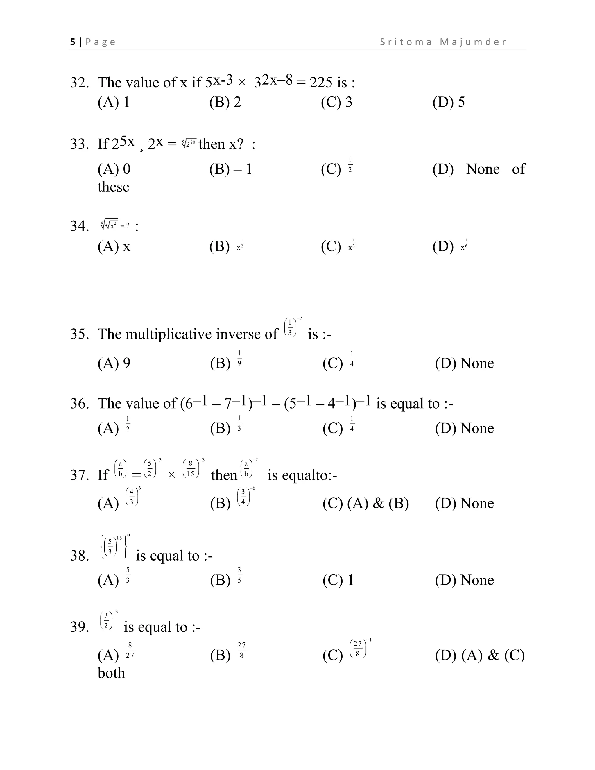 CBSE - Grade 8 - Mathematics - Exponents and Powers - Multiple Choice ...