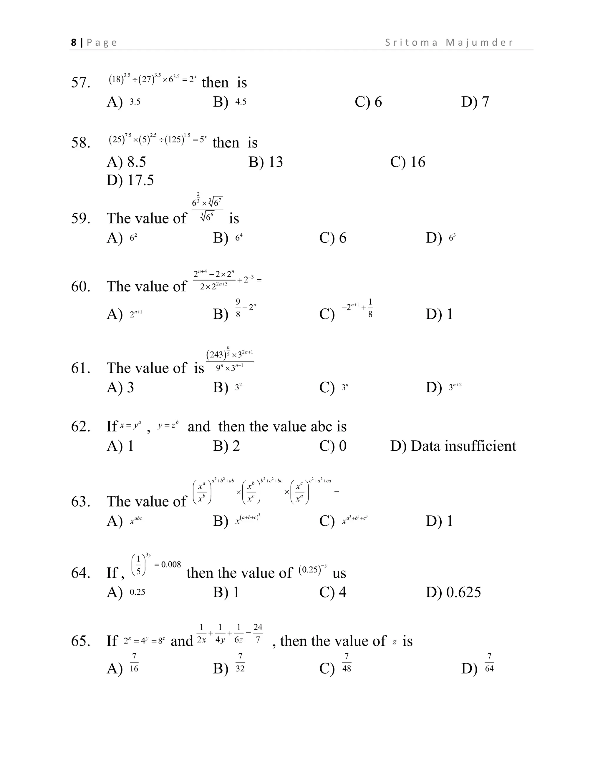 CBSE - Grade 8 - Mathematics - Exponents and Powers - Multiple Choice Questions - Worksheet | PDF